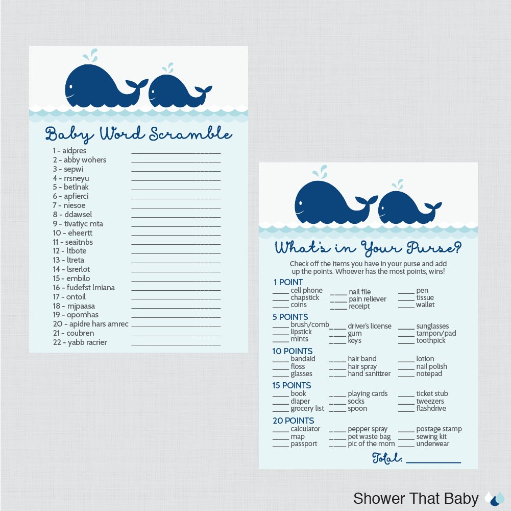 Whale Baby Shower Games Package Seven Printable Games: - Etsy