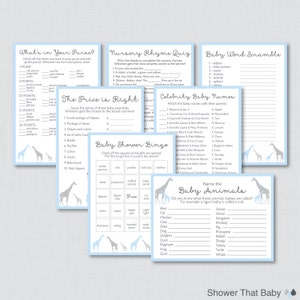 Giraffe Baby Shower Games Package in Blue and Gray - Seven Printable ...
