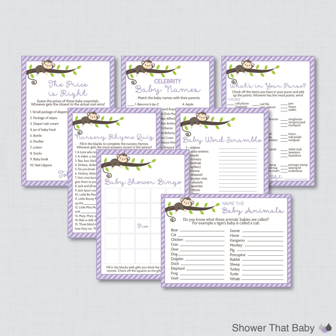 Monkey Baby Shower Games Package in Purple Seven Printable - Etsy