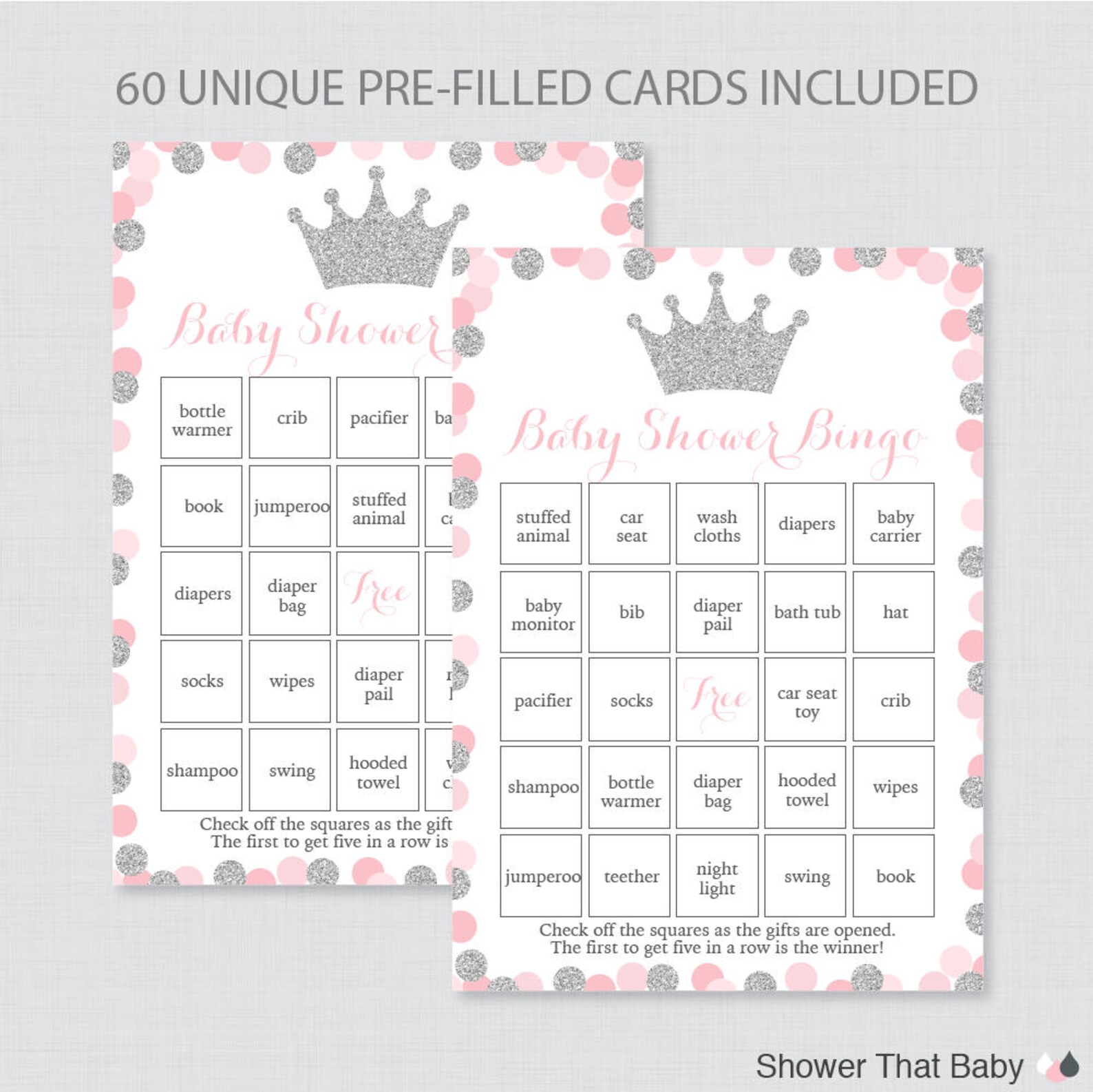 Pink and Gray Princess Baby Shower Bingo Cards Printable | Etsy