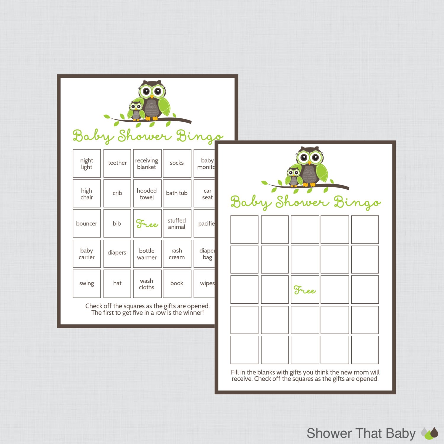 Owl Baby Shower Games Package in Green and Brown - Seven Printable Owl ...