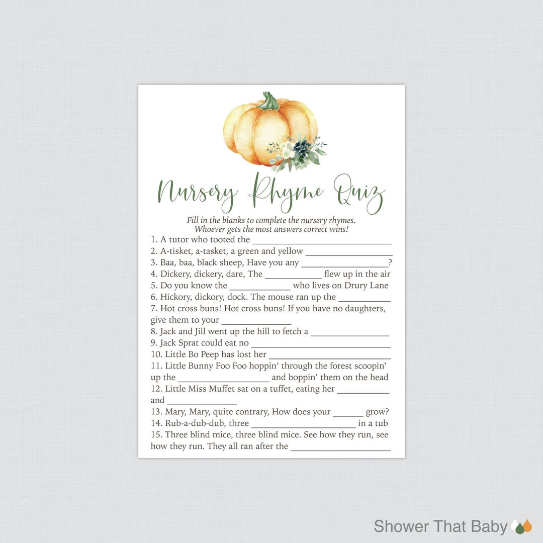 Watercolor Pumpkin Nursery Rhyme Quiz Printable Instant Download Orange ...