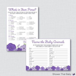 Purple Flowers Baby Shower Games Package - Seven Printable Games: Bingo ...