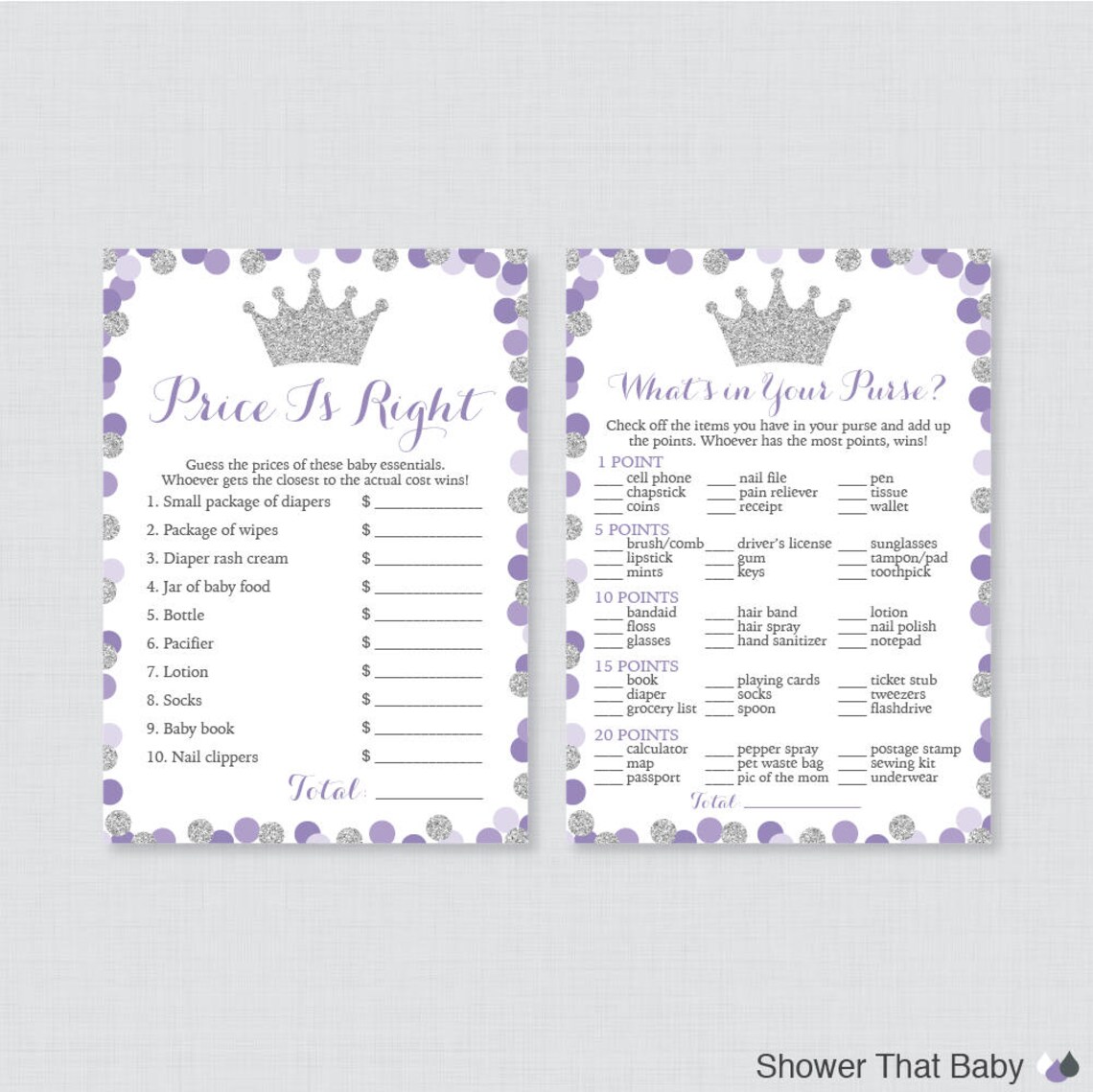 Purple Princess Baby Shower Games Package Seven Printable - Etsy