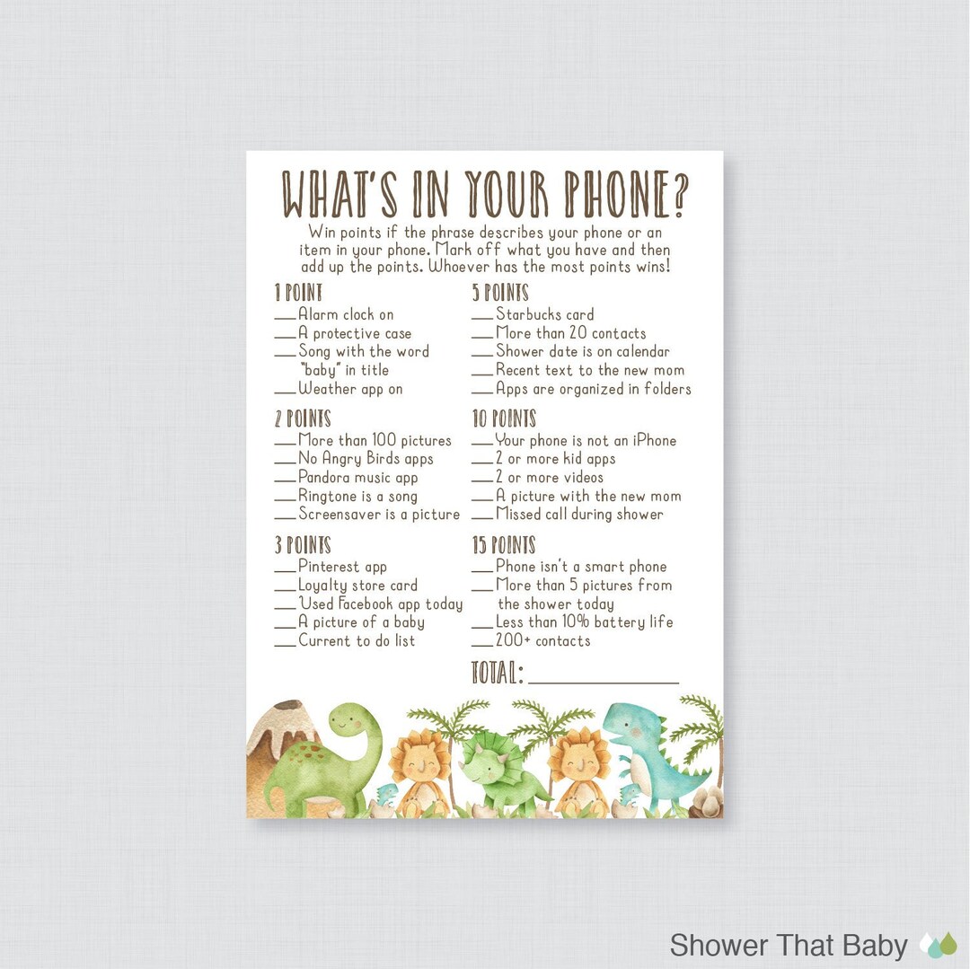 Dinosaur Themed Baby Shower What's in Your Phone Game - Printable ...