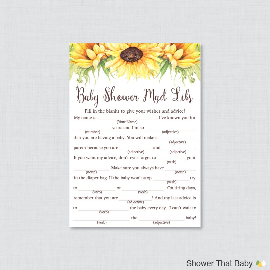 Sunflower Baby Shower Mad Libs Printable - Baby Shower Advice Cards Mad ...