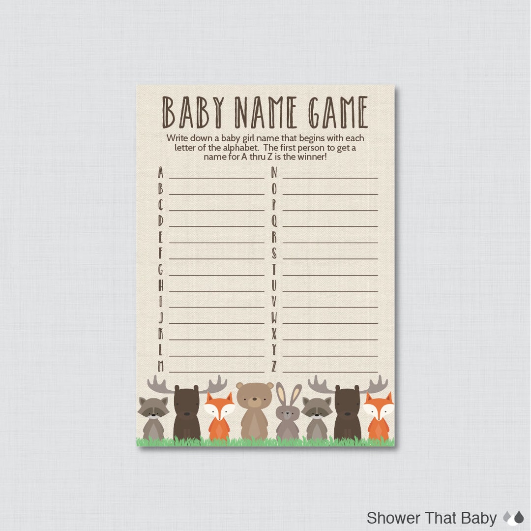 Woodland Baby Shower Baby Name Game - Baby Name Race Game - Printable ...
