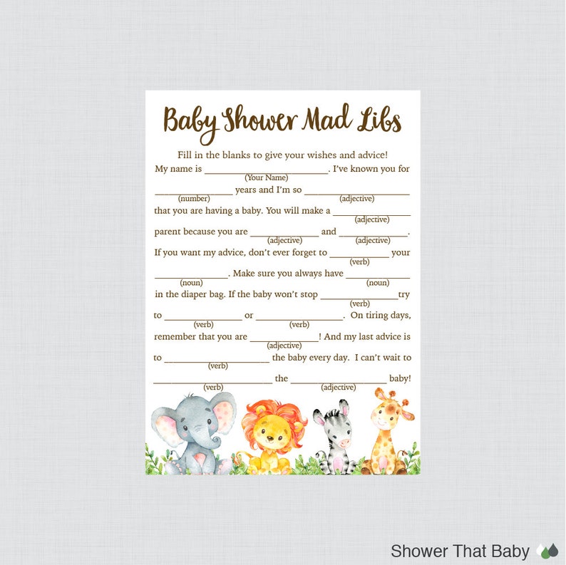 Safari Baby Shower Mad Libs Printable - Baby Advice Cards Mad Libs Game ...