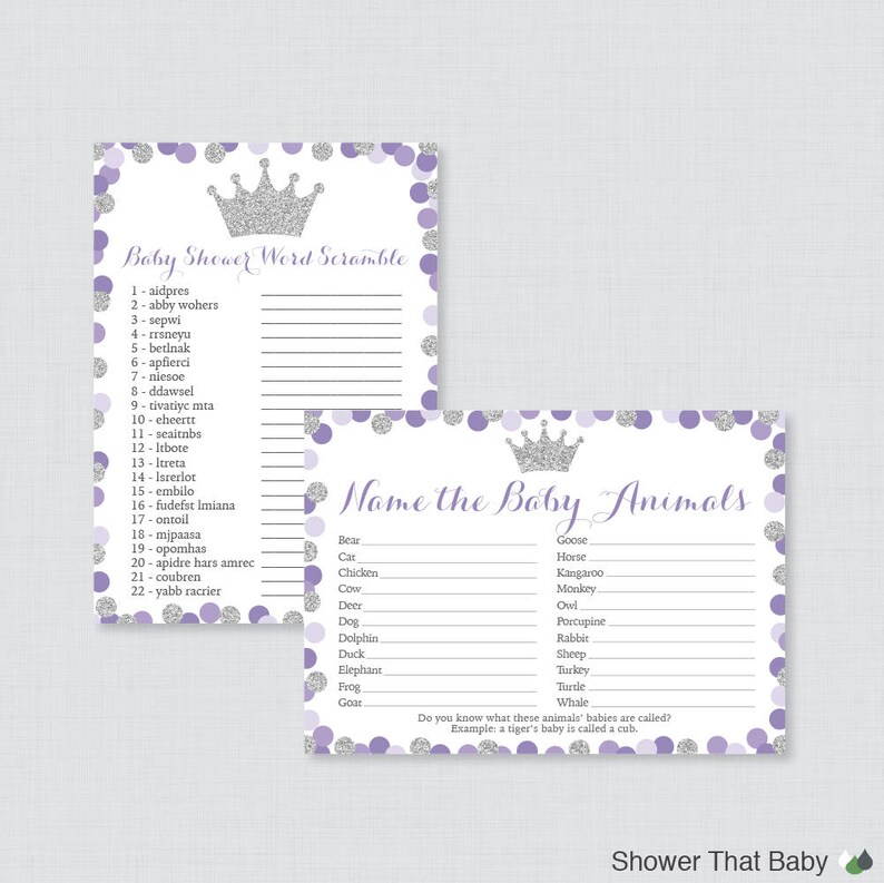 Purple Princess Baby Shower Games Package Seven Printable - Etsy