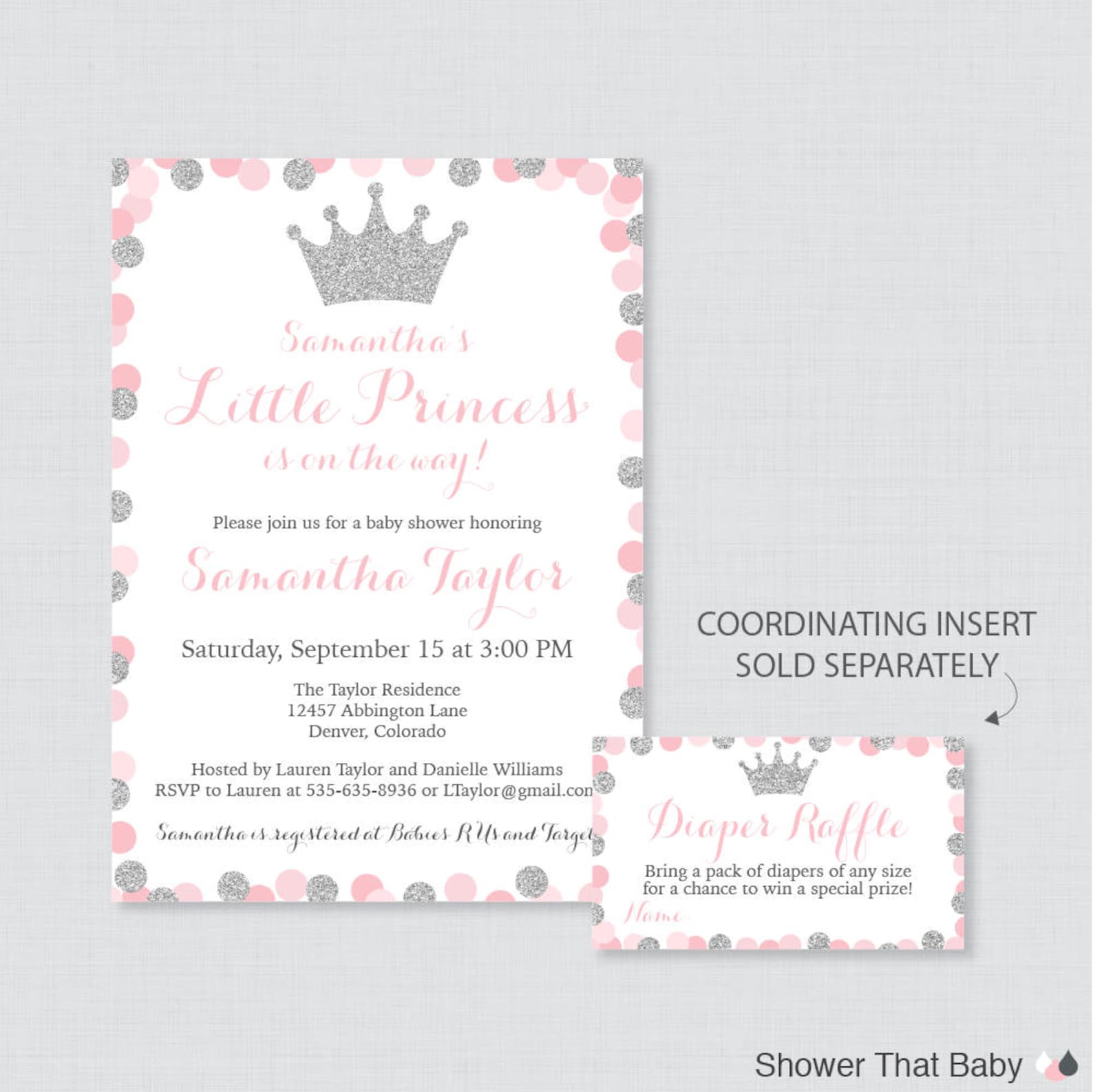Princess Baby Shower Invitation Printable or Printed - Pink and Silver ...