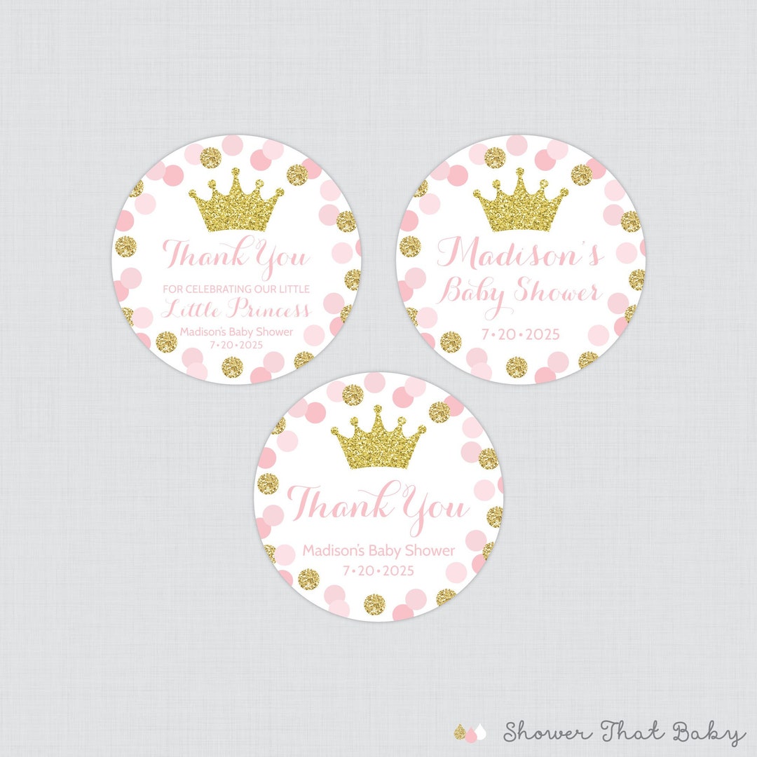 PRINTED Pink and Gold Princess Baby Shower Stickers - Pink and Gold ...