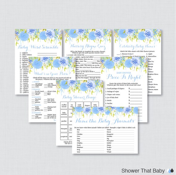 Blue Floral Baby Shower Games Package Seven Printable Games: | Etsy