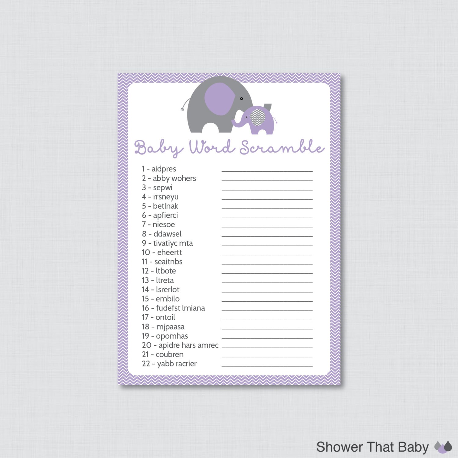 Elephant Baby Shower Word Scramble Game Printable Instant - Etsy