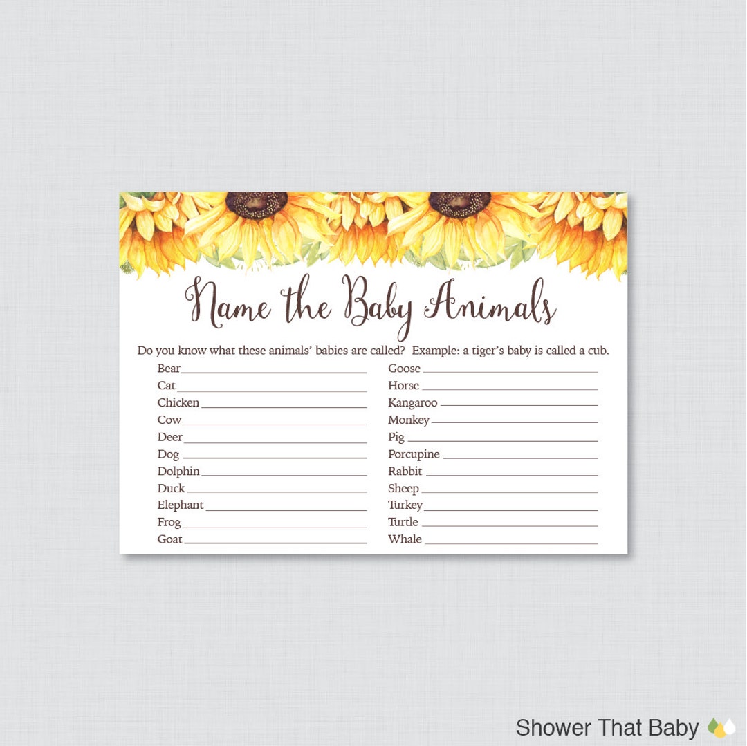 Sunflower Baby Animal Name Game - Baby Shower Baby Animal Name Game ...
