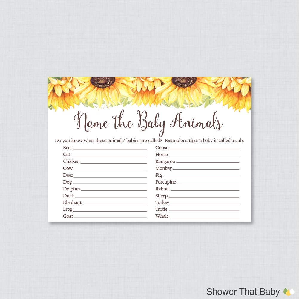 Sunflower Baby Animal Name Game Baby Shower Baby Animal Name | Etsy