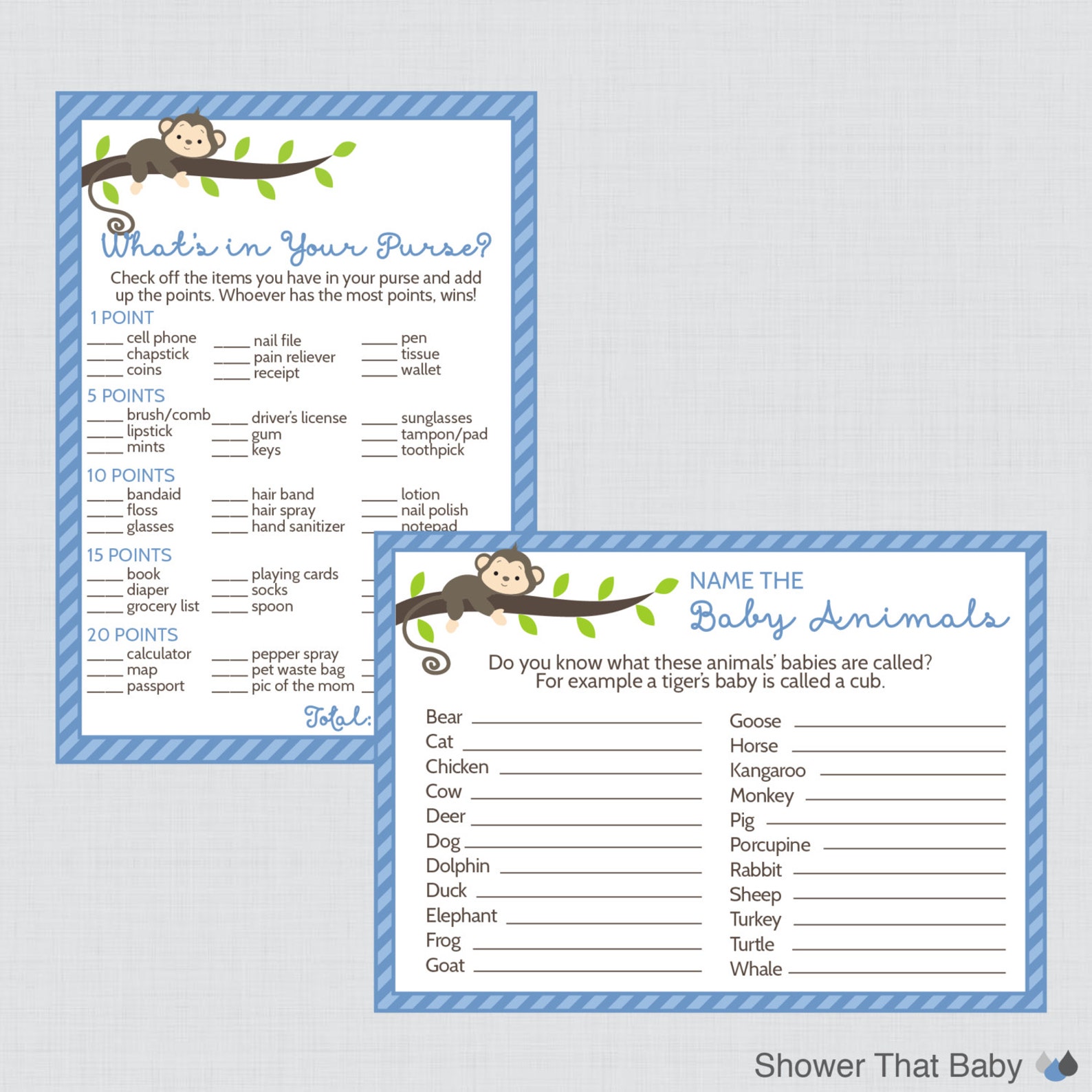 Monkey Baby Shower Games Package in Blue - Seven Printable Monkey Games ...