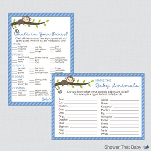 Monkey Baby Shower Games Package in Blue - Seven Printable Monkey Games ...
