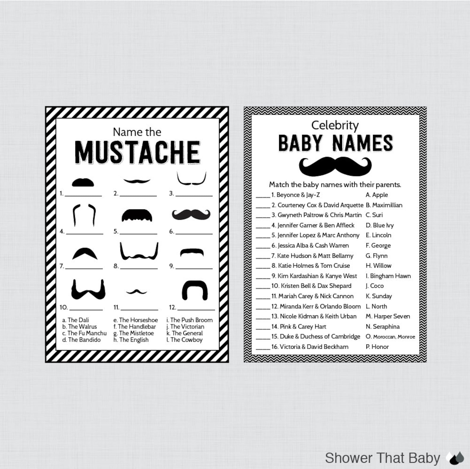 Mustache Baby Shower Games Package With Eight Printable Games - Little ...