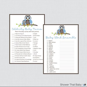 Owl Baby Shower Games Package in Blue and Brown - Seven Printable Owl ...
