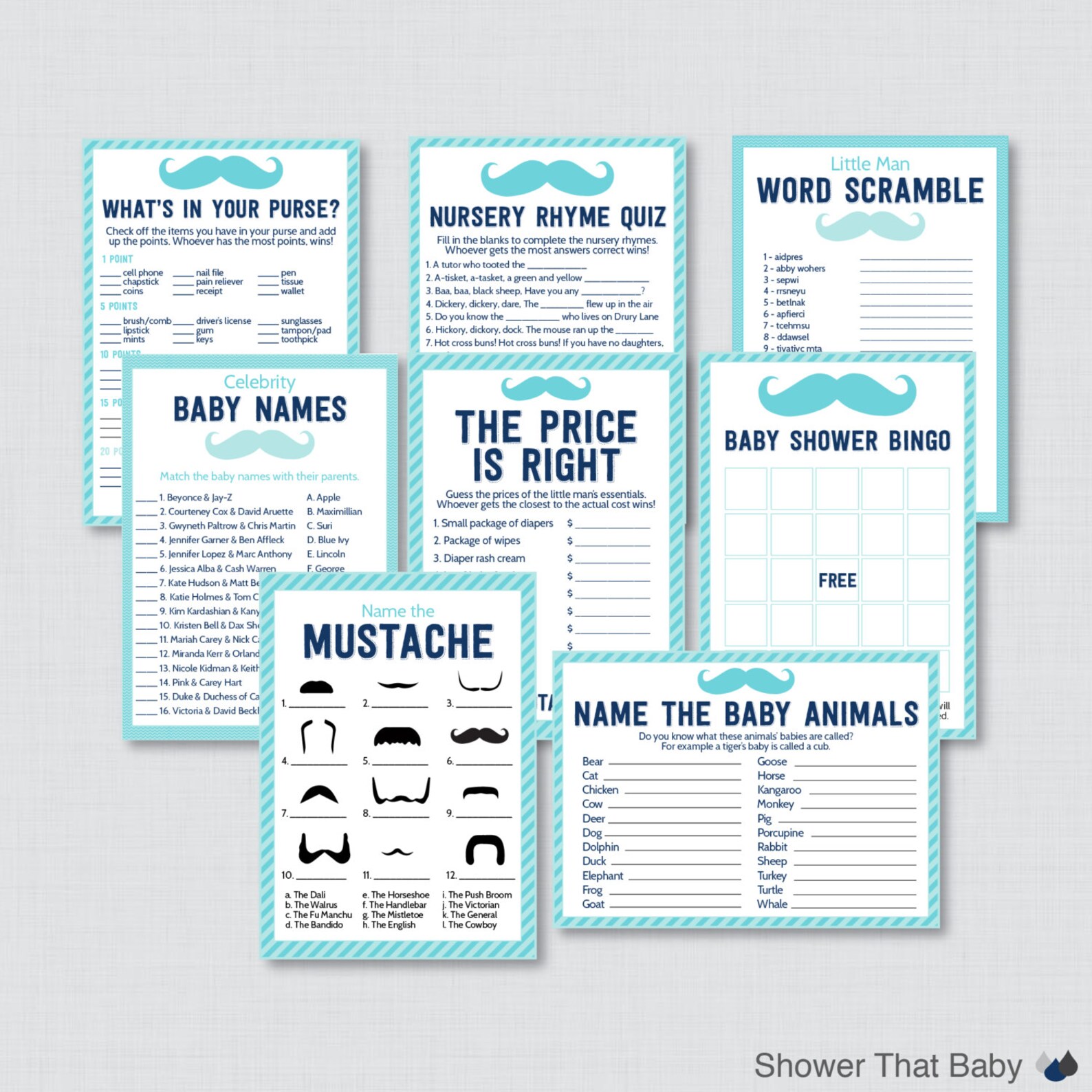 Mustache Baby Shower Games Package With Eight Printable Games - Little ...
