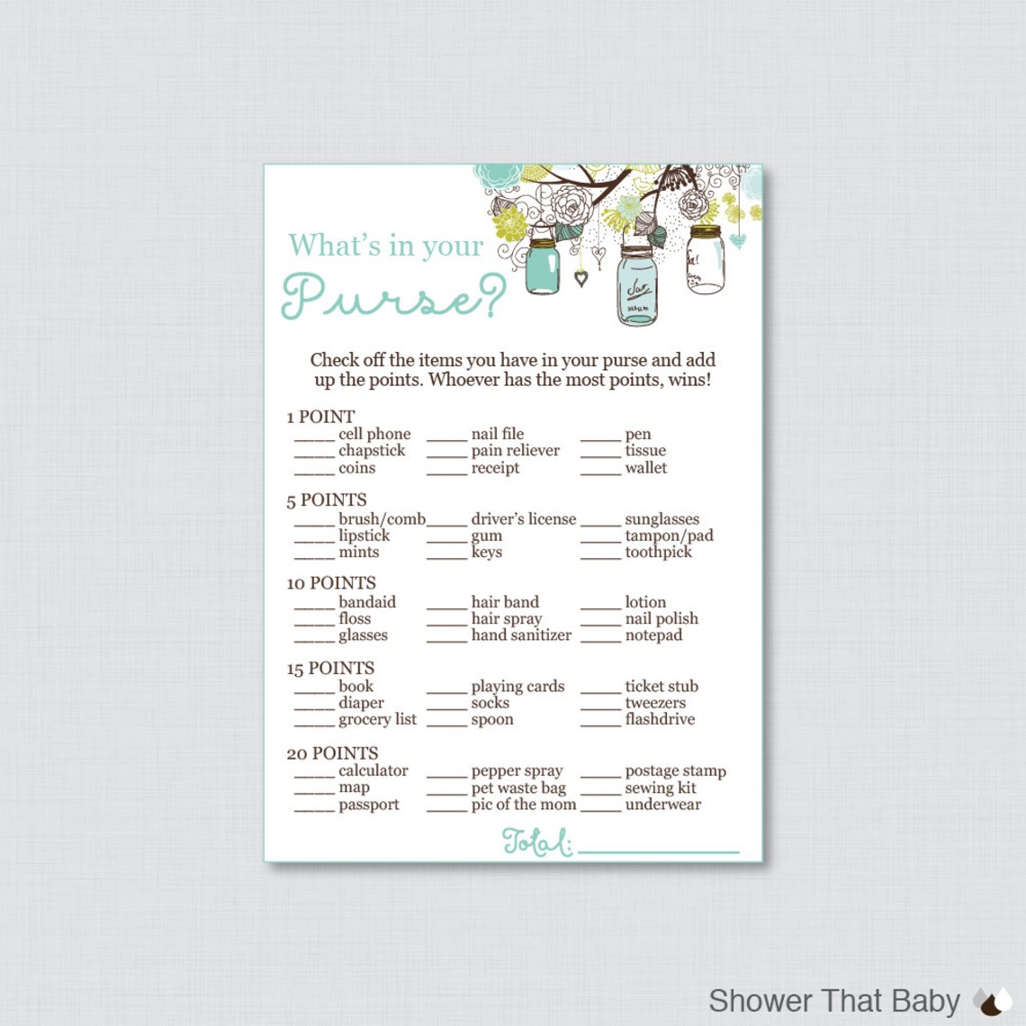 Mason Jar Baby Shower What's in Your Purse Game | Etsy