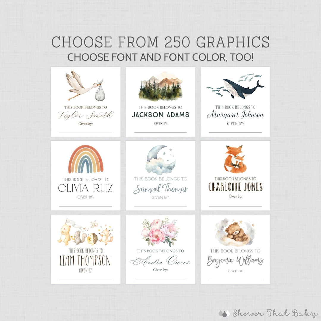 PRINTED Bookplate Stickers - Choose Your Graphic, Font, and Font Color ...