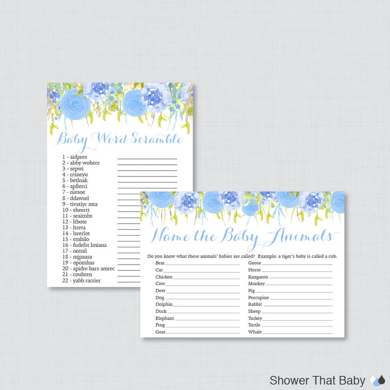 Blue Floral Baby Shower Games Package Seven Printable Games: | Etsy