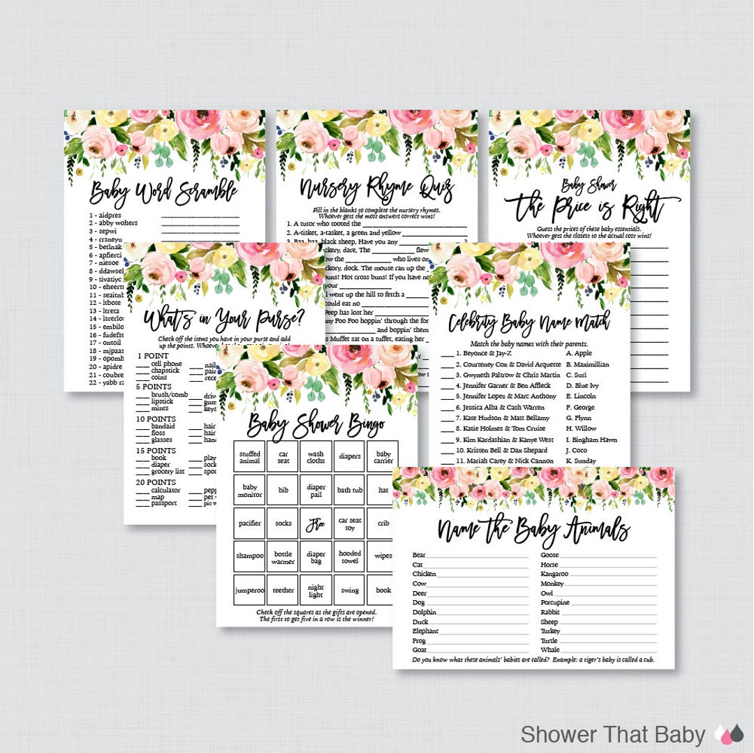 Pink and Yellow Baby Shower Games Package - Seven Printable Games ...