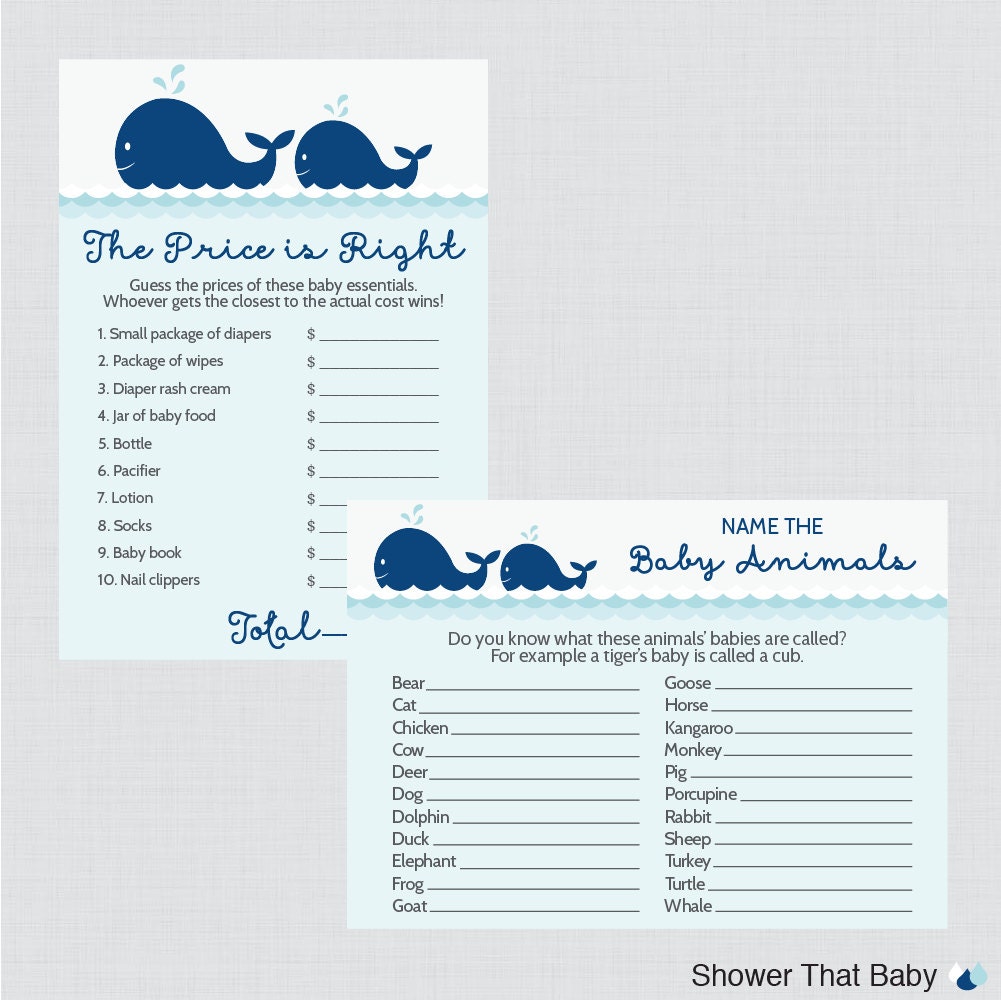 Whale Baby Shower Games Package Seven Printable Games: - Etsy