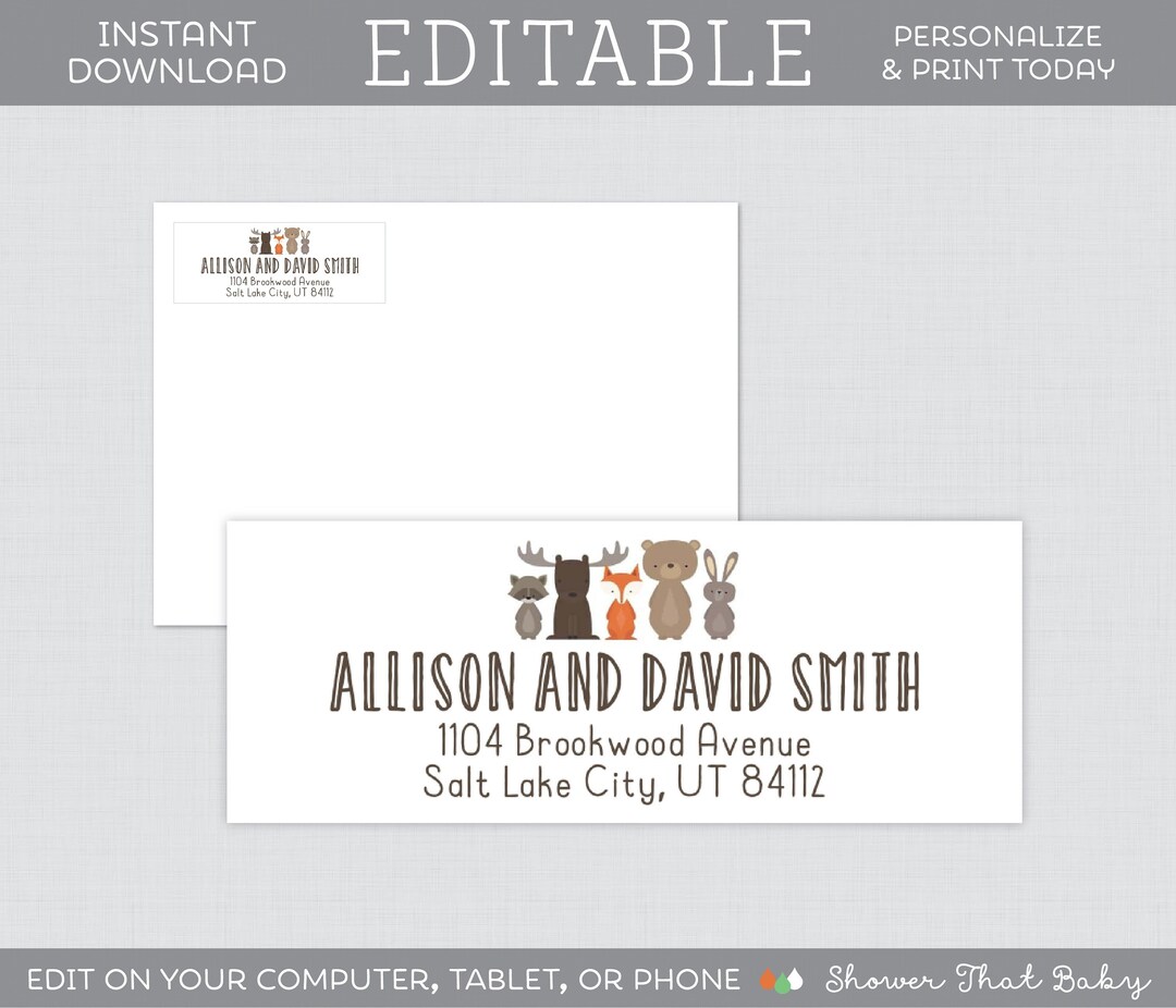 EDITABLE Woodland Return Address Labels - Woodland Baby Shower Return ...
