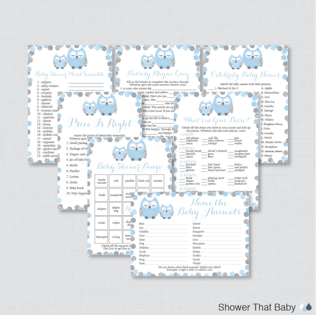 Blue Owl Baby Shower Games Package - Seven Printable Games: Bingo ...