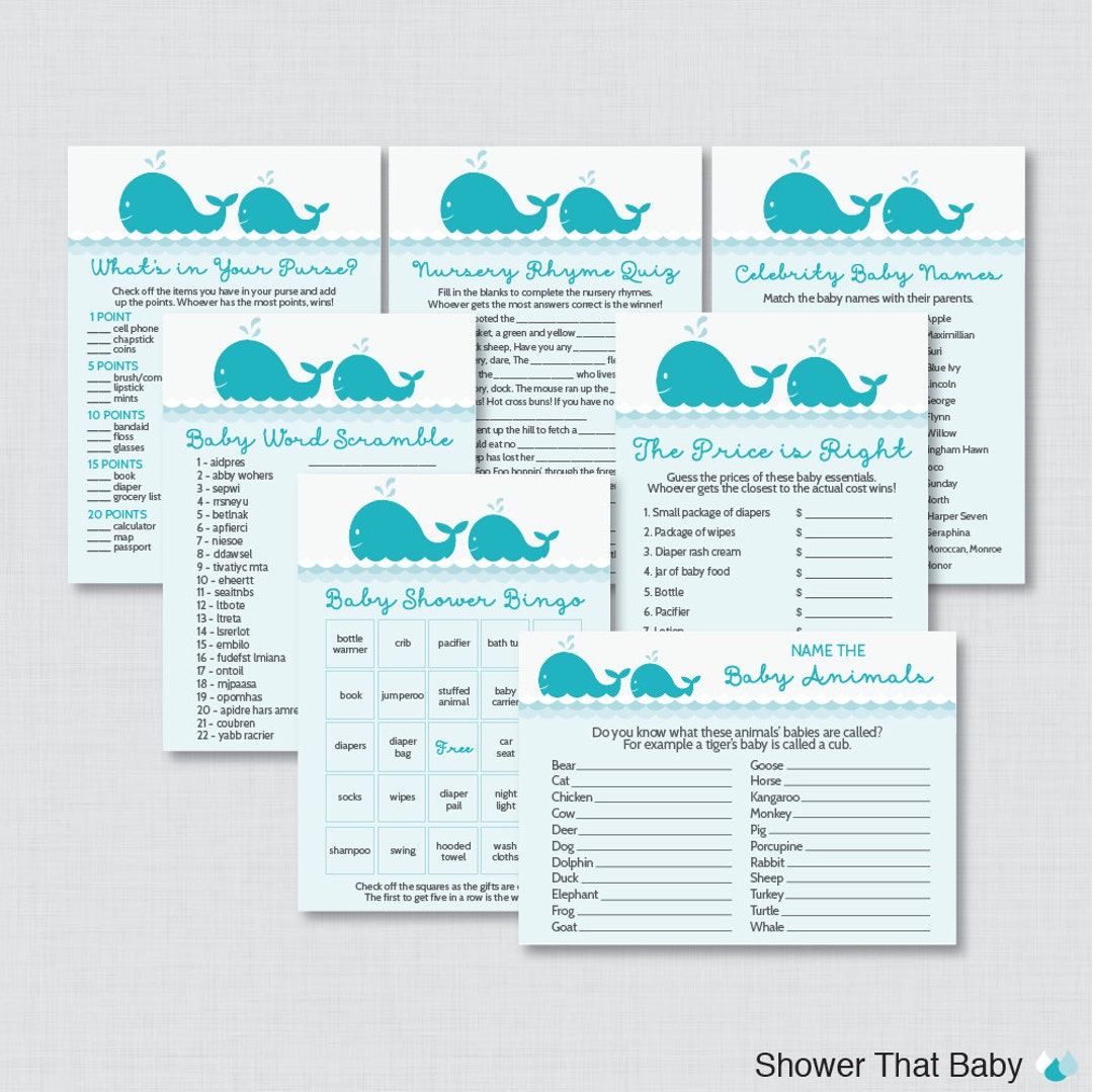 Whale Baby Shower Games Package - Seven Printable Games: Bingo, Price ...