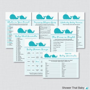 Whale Baby Shower Games Package - Seven Printable Games: Bingo, Price ...