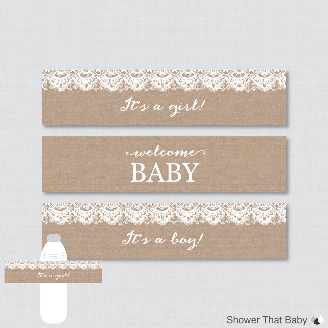 Burlap and Lace Water Bottle Labels Baby Shower Printable it's a Girl ...
