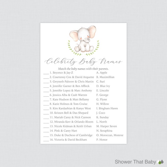 Watercolor Elephant Baby Shower Celebrity Baby Name Game | Etsy
