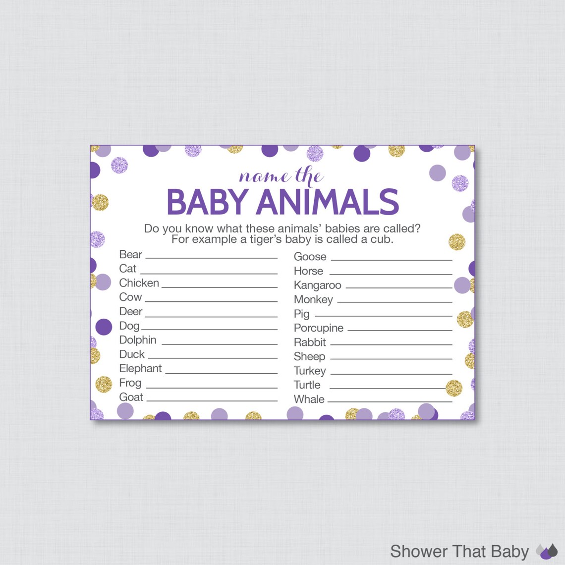 Printable Baby Animals Name Game for Baby Shower in Purple and | Etsy