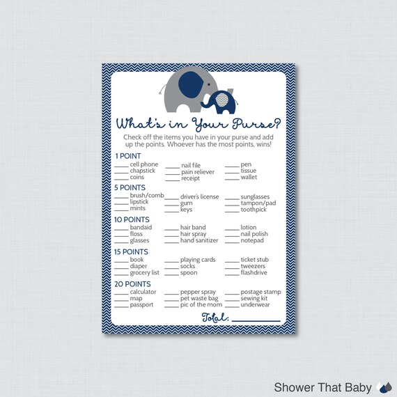 Elephant Baby Shower What's in Your Purse Game Printable | Etsy