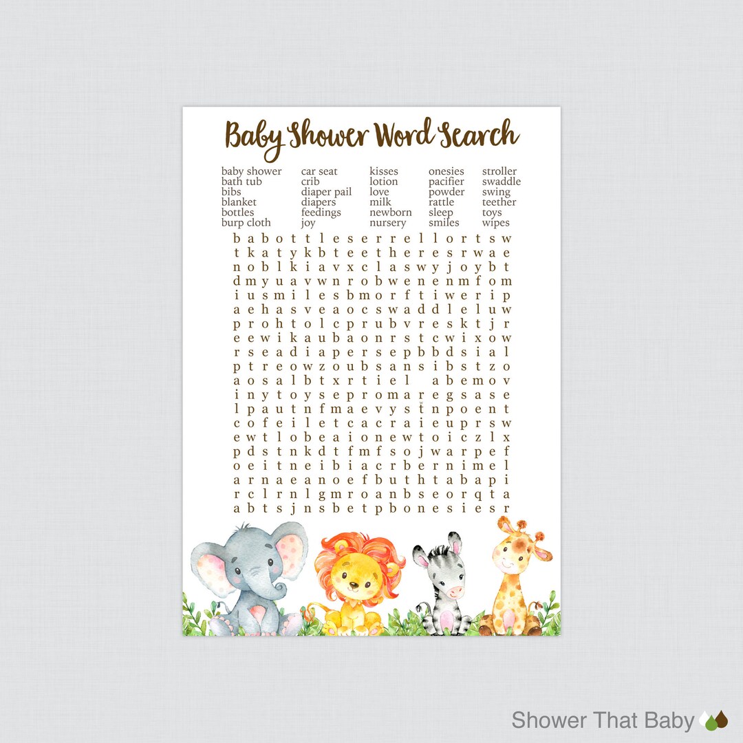 Safari Baby Shower Word Search Printable - Safari Animal Themed Word ...