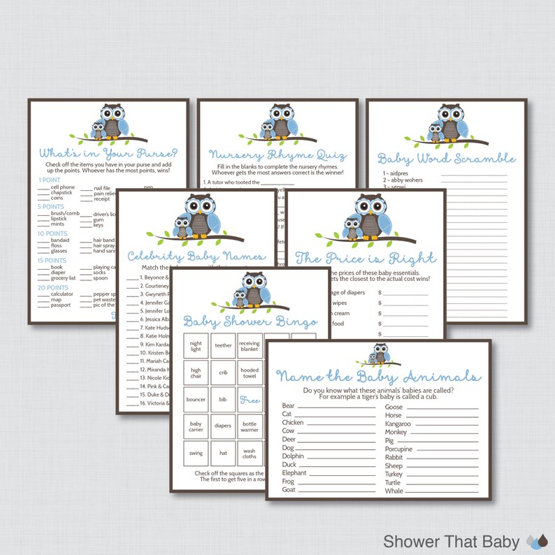 Owl Baby Shower Games Package in Blue and Brown - Seven Printable Owl ...