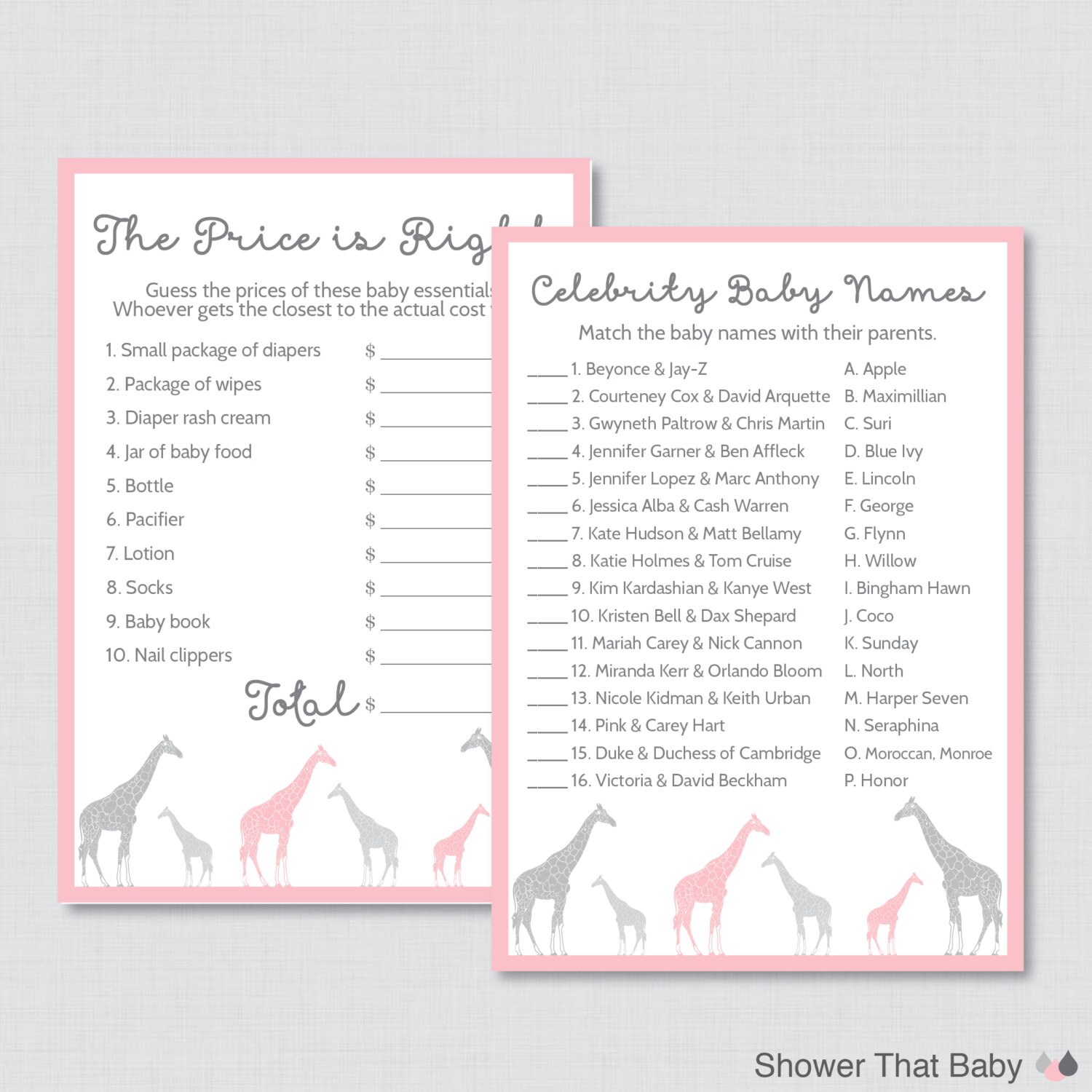Giraffe Baby Shower Games Package in Pink and Gray Seven - Etsy