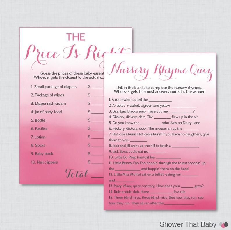 Pink Baby Shower Games Package in Pink Watercolor - Seven Printable ...