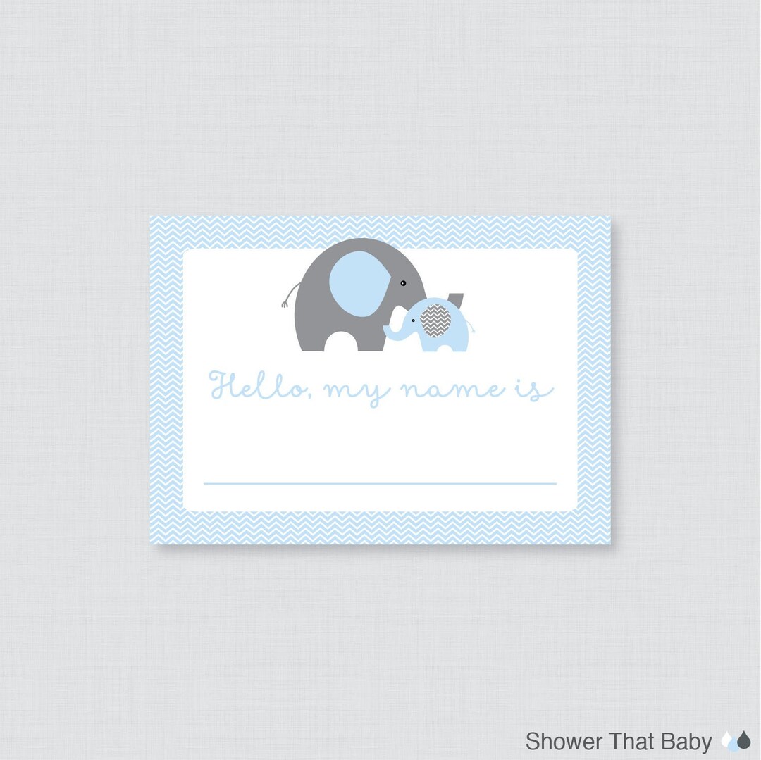 Blue Elephant Name Tag Stickers - Printed Elephant Baby Shower Name Tag ...