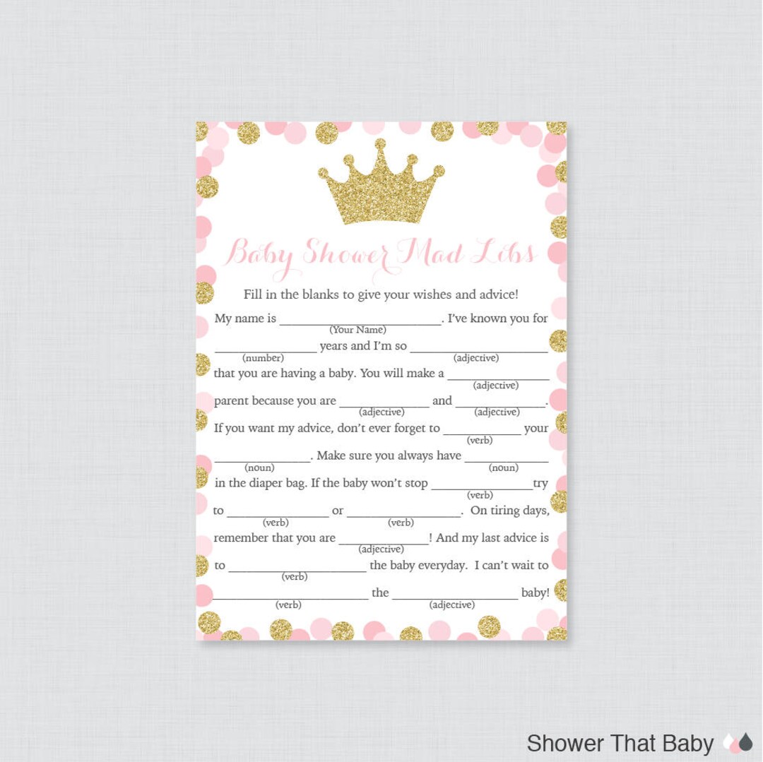 Princess Baby Shower Mad Libs Printable - Pink and Gold Princess Baby ...