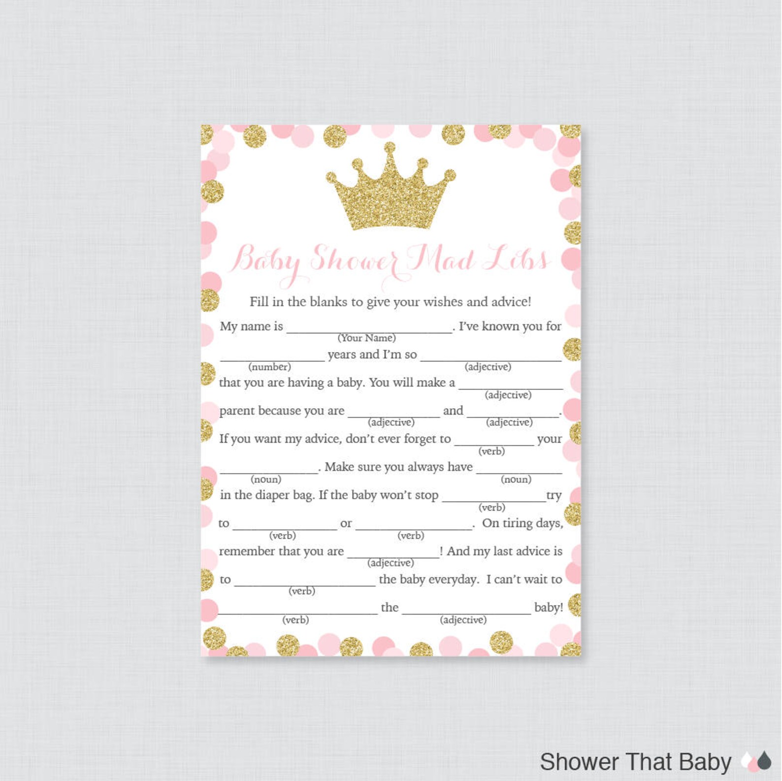 Princess Baby Shower Mad Libs Printable Pink and Gold - Etsy