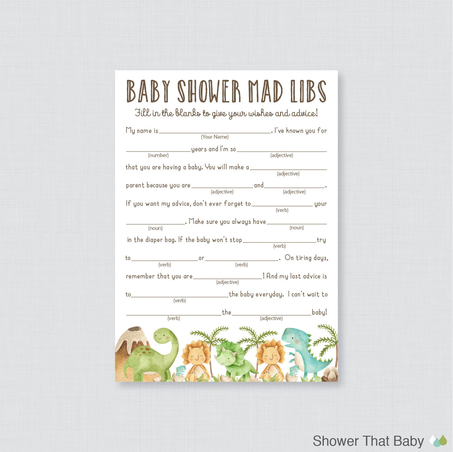 Dinosaur Baby Shower Mad Libs Printable - Dinosaur Themed Baby Shower ...