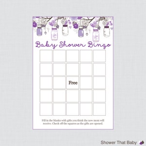 Purple Mason Jar Baby Shower Bingo Cards Printable Prefilled - Etsy ...