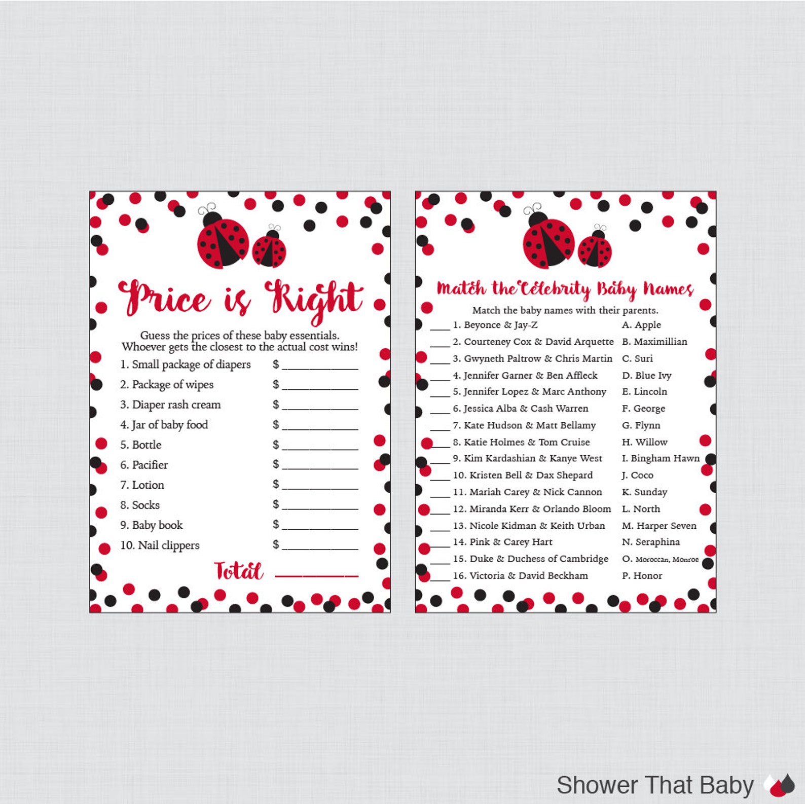 Ladybug Baby Shower Games Package Seven Printable Games: - Etsy