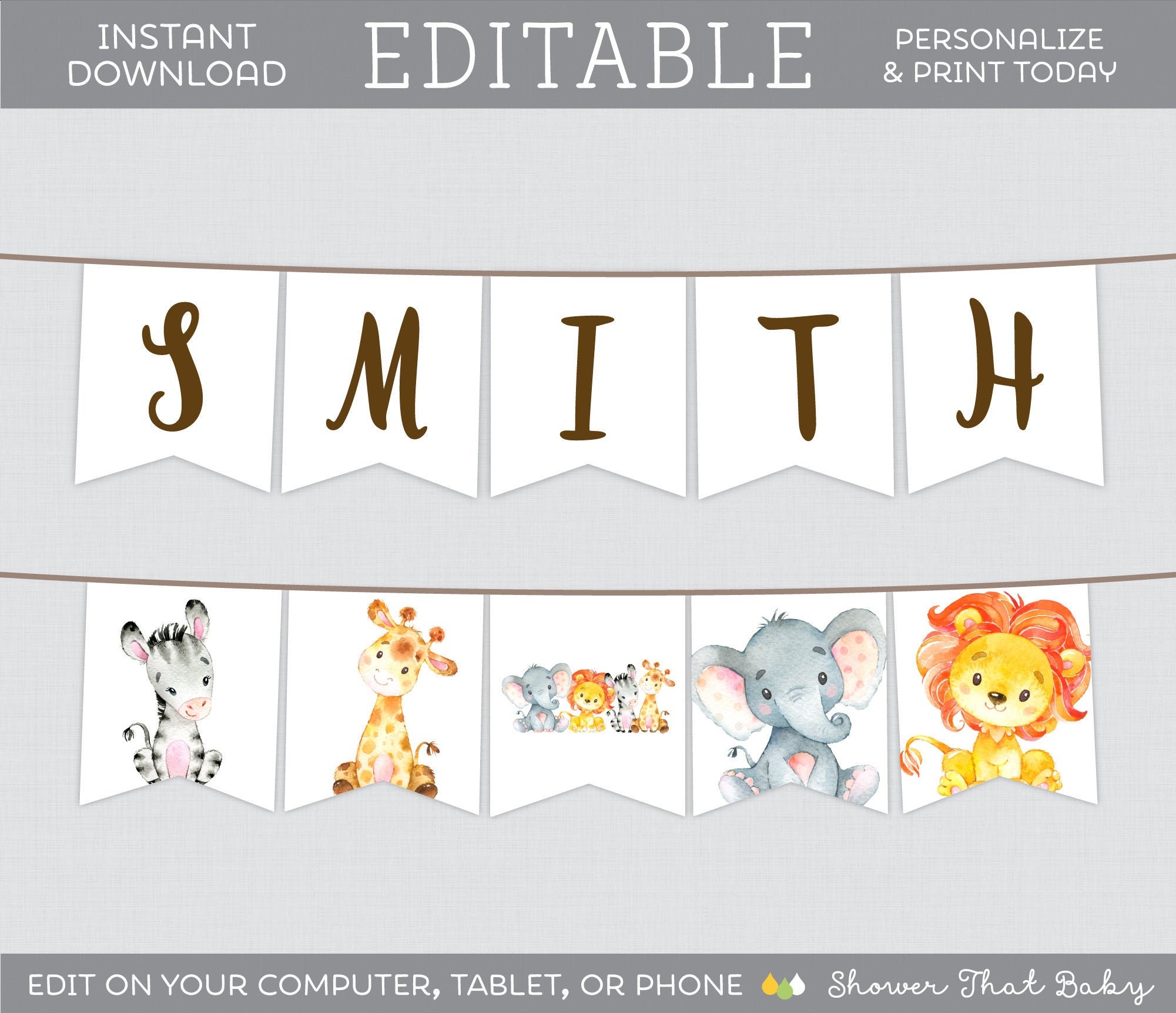 EDITABLE Safari Printable Banner - Large AND Small Sizes - Safari Baby ...