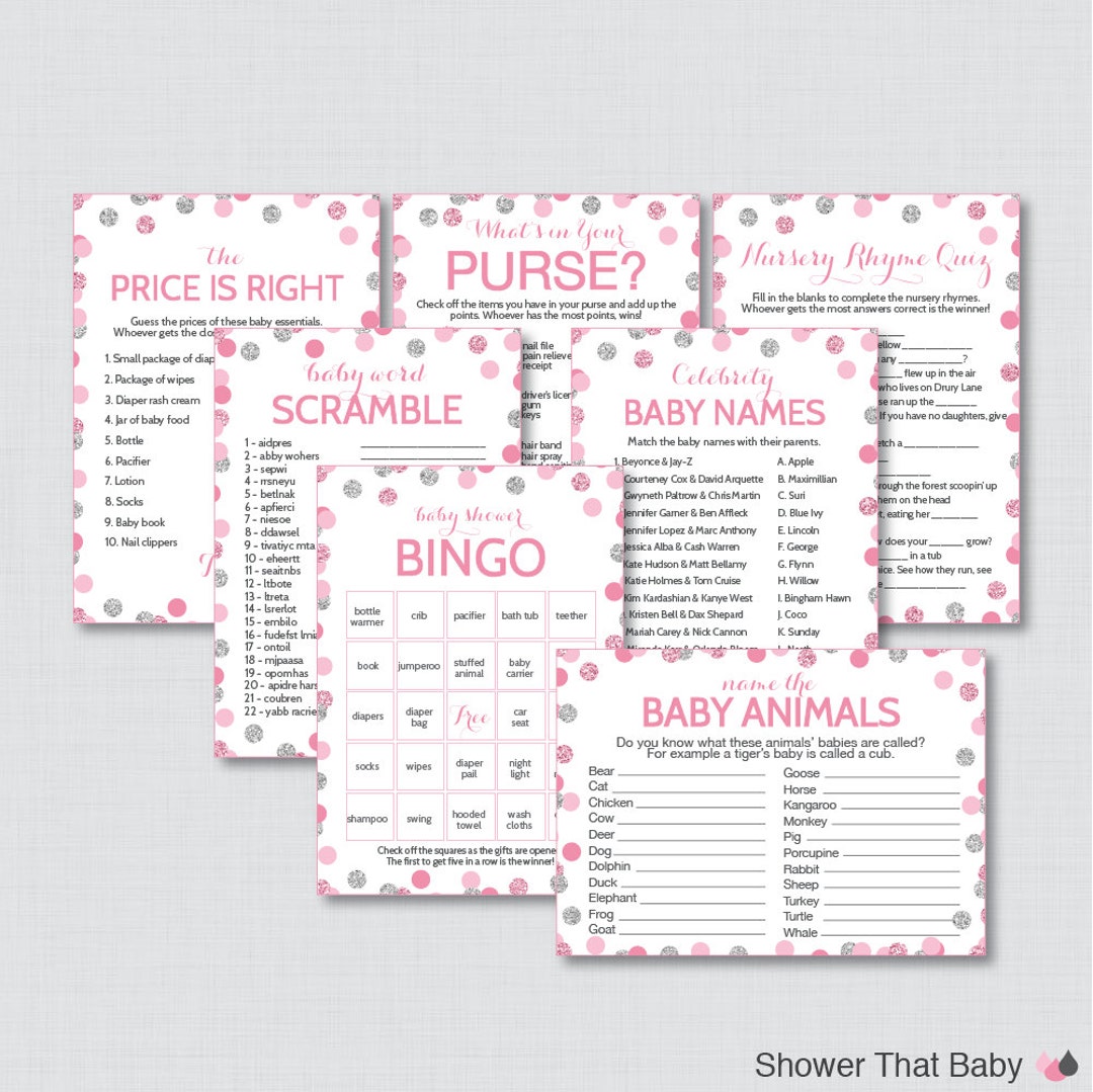 Pink and Gray Baby Shower Games Package With Glitter Dots - Seven ...