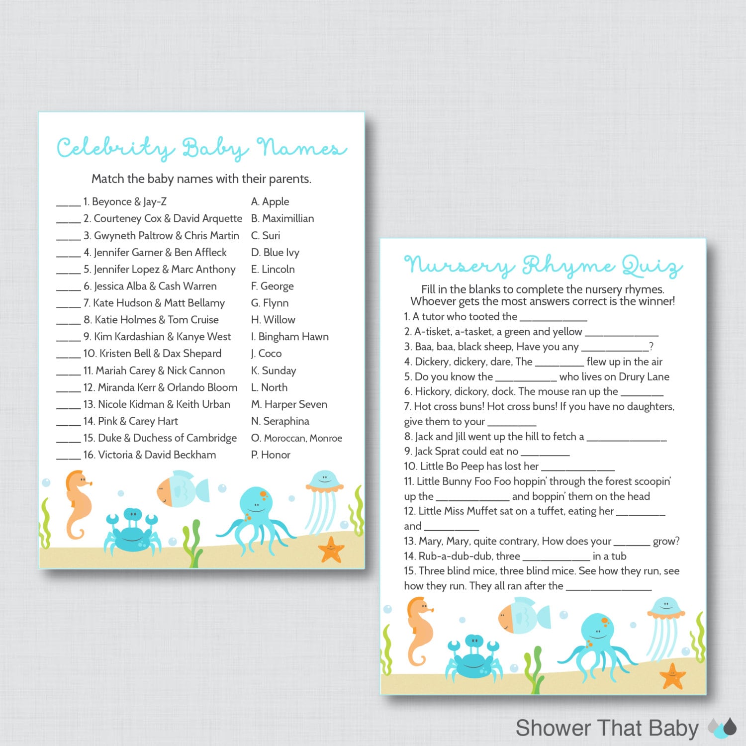 Under the Sea Baby Shower Games Package in Blue - Seven Printable Games ...